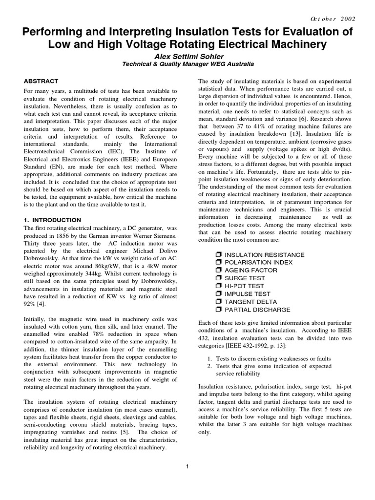 Insulation Tests For Assessment Rotating Electrical Machinery | PDF ...