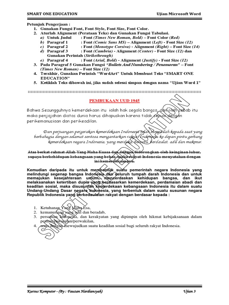 Soal Ujian MS Word Smart One Education PDF | PDF