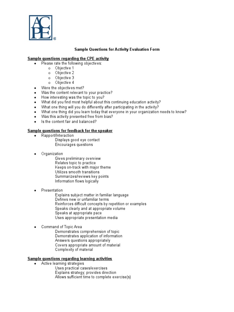 Sample Activity Evaluation Form Questions | PDF | Reading Comprehension ...