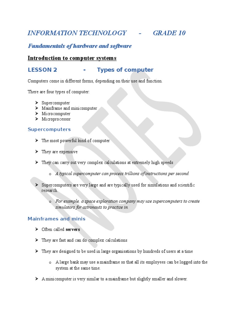 Info Tech Summary of Lesson 2 Grade 10 | PDF