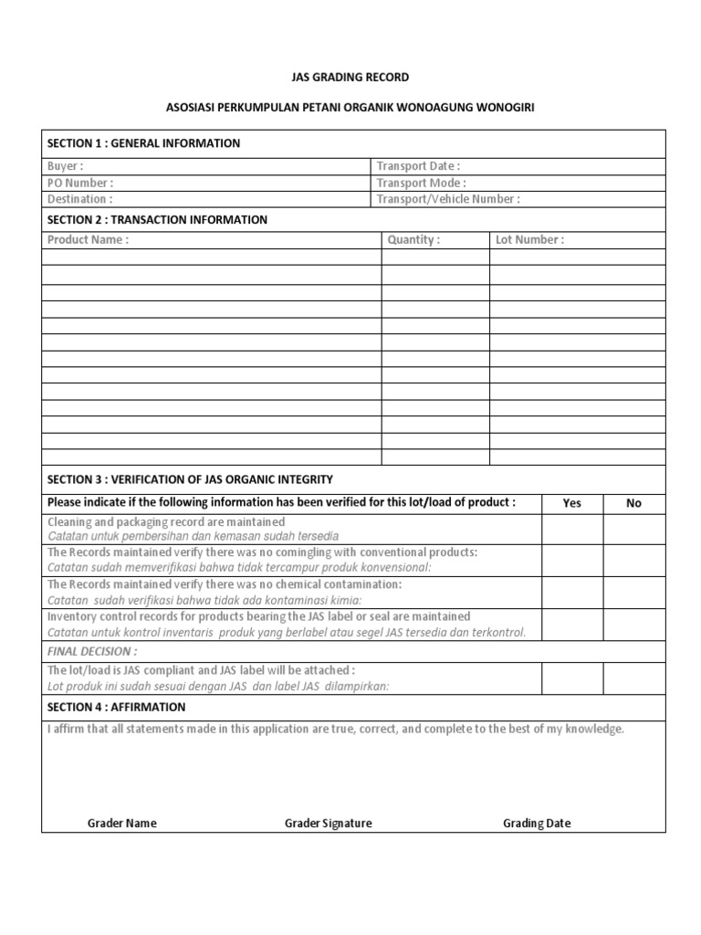 JAS Organic Grading Record Form | PDF | Wellness