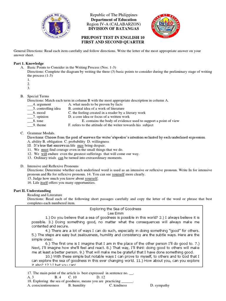 Pre Post Test 1st Sem in English 10 | PDF