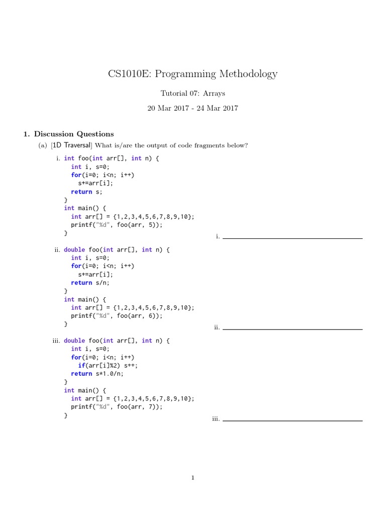 CS1010E: Programming Methodology: Tutorial 07: Arrays 20 Mar 2017 - 24 Mar 2017 | PDF | Array ...