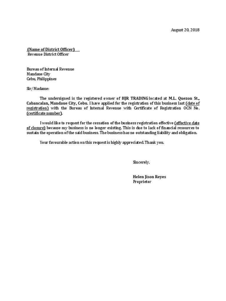 Letter - Closure of Business | PDF | Government | Government Information