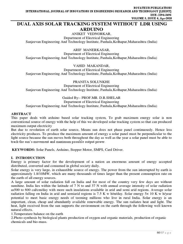 Dual Axis Solar Tracking System Without LDR Using Arduino | PDF ...