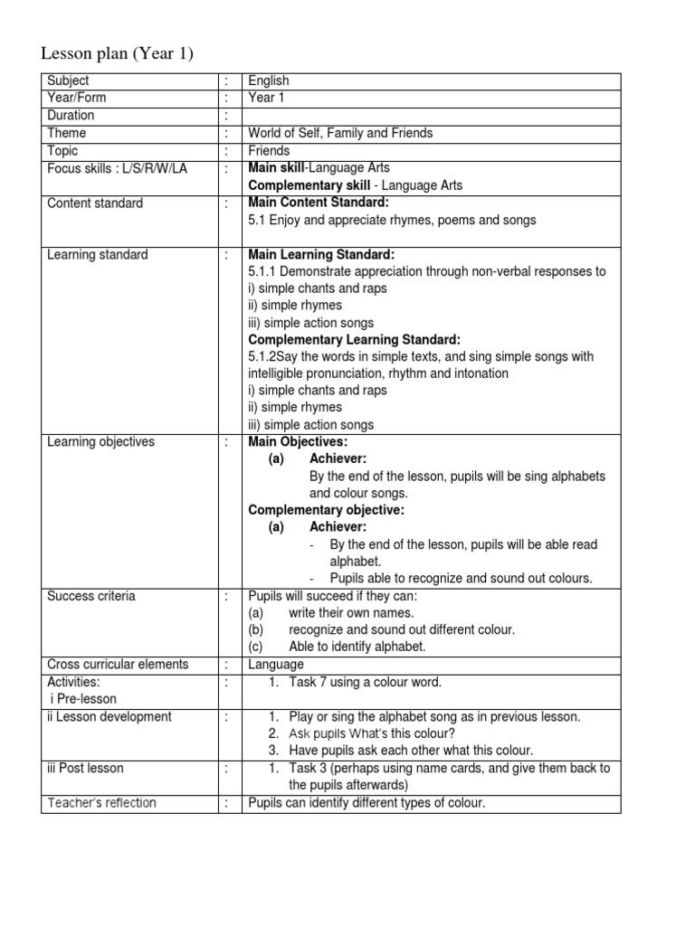 Lesson Plan (Year 1) : Main Skill-Language Arts Complementary Skill ...
