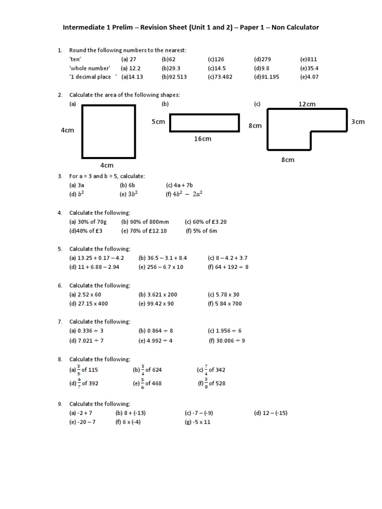 Int 1 Non Calc Practice | PDF | Overtime | Teaching Mathematics