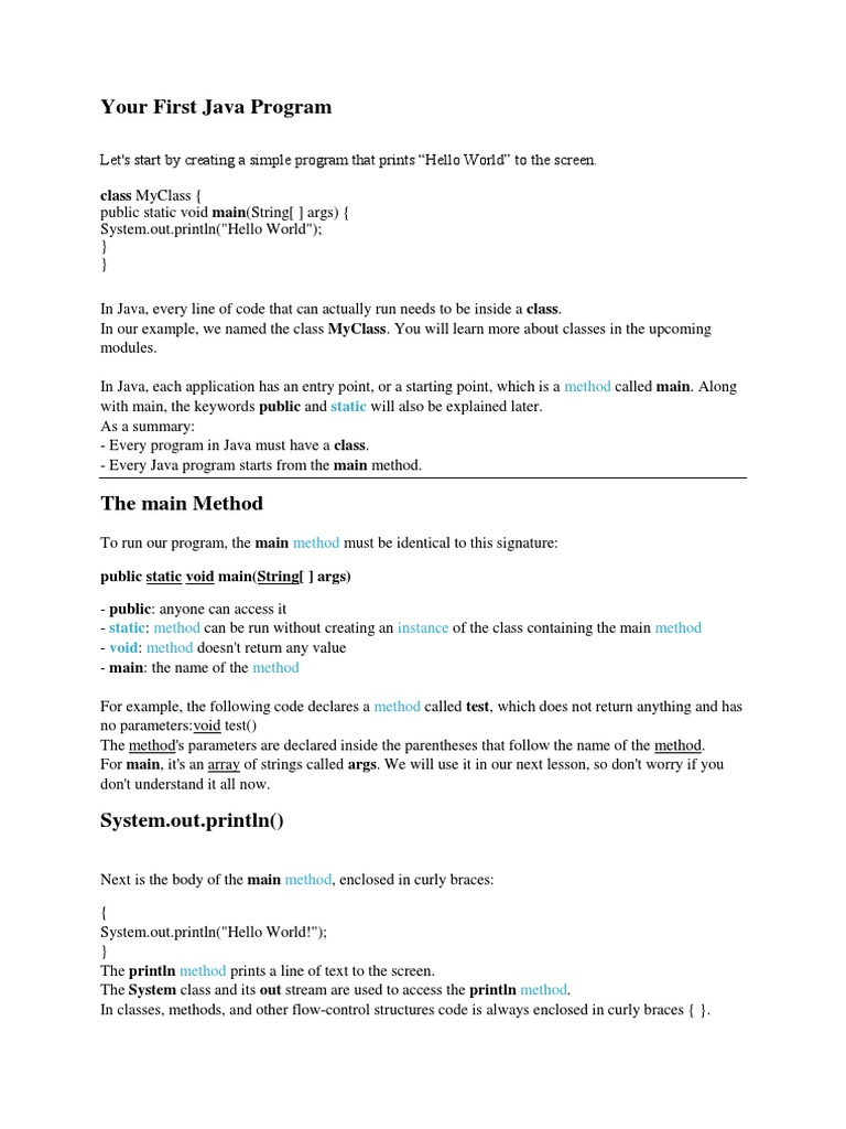 Your First Java Program: Class Myclass ( | PDF | Integer (Computer ...