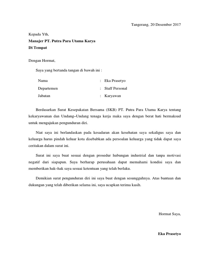 Surat Pengunduran Diri Karyawan PT. Putra | PDF | Career & Growth