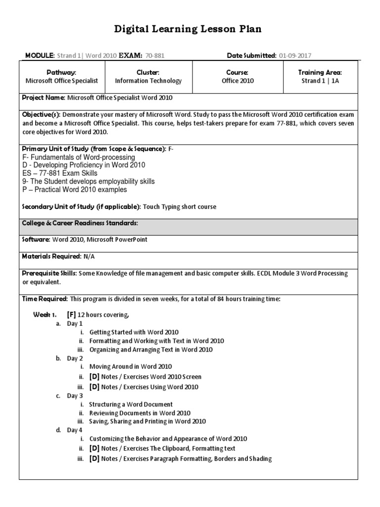 Word 2010 77-881 Lesson Plan | PDF | Microsoft Word | Microsoft ...