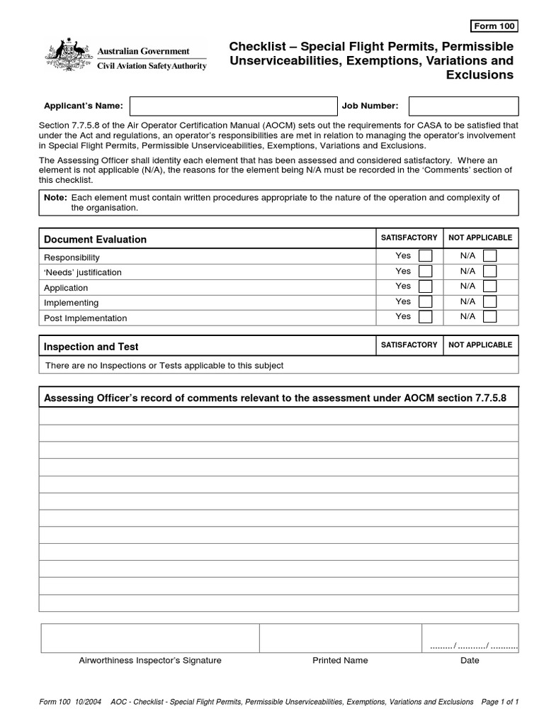 Checklist - Special Flight Permits, Permissible Unserviceabilities ...