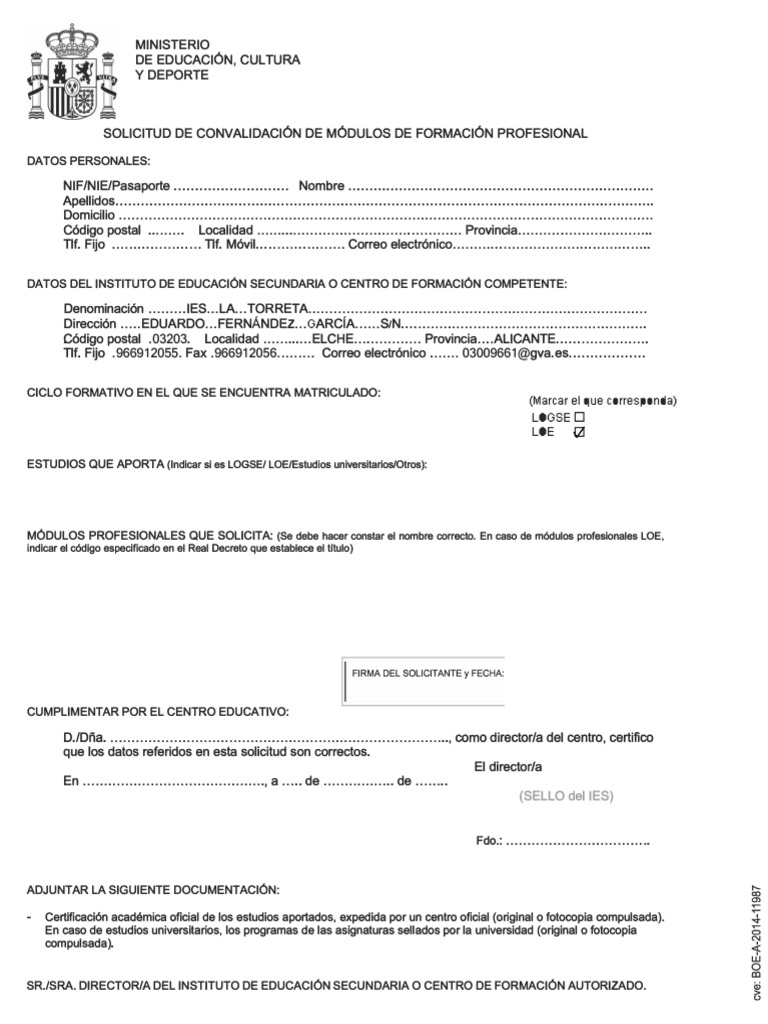 Formulario de Instancia General GVA | Etapas educativas | Modificación ...
