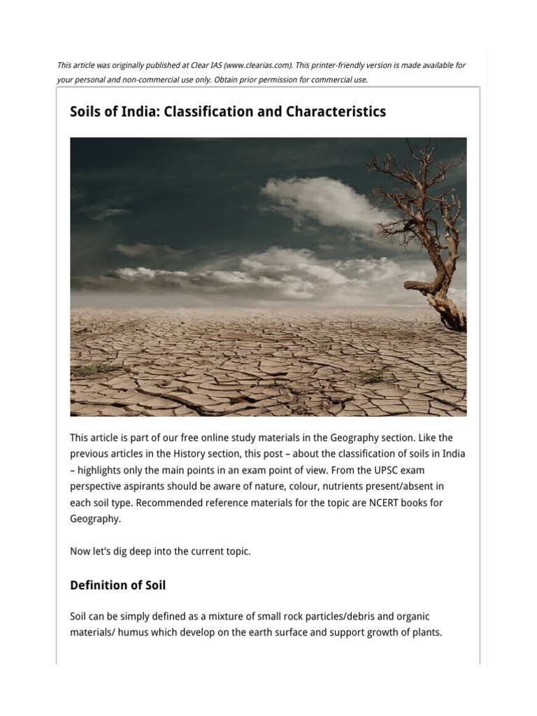 Soils of India - Classification and Characteristics - Clear IAS PDF ...