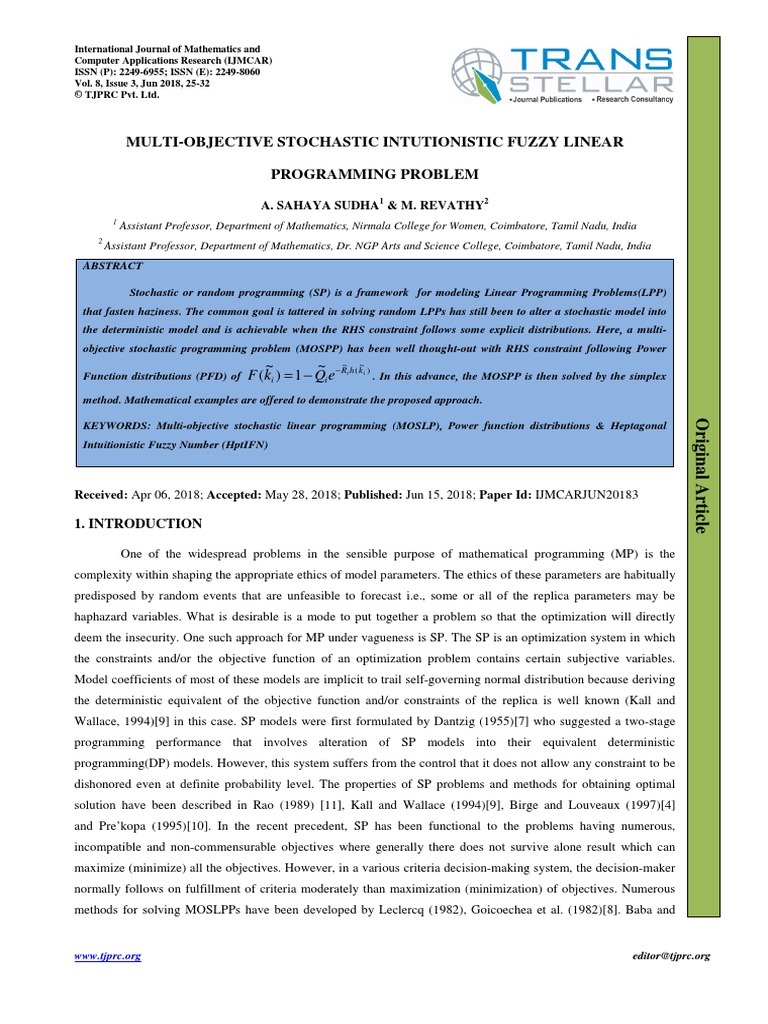 Multi Objective Stochastic Intutionistic Fuzzy Linear Programming Problem Pdf Mathematical