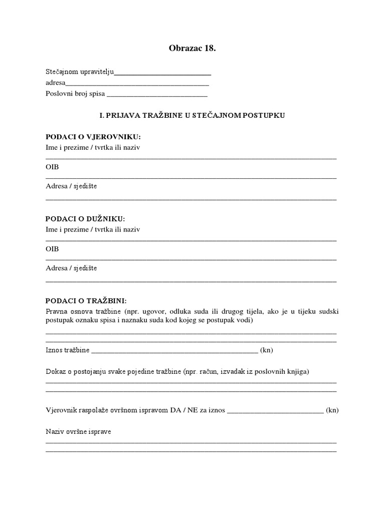 Obrazac 18.: I. Prijava Tražbine U Stečajnom Postupku