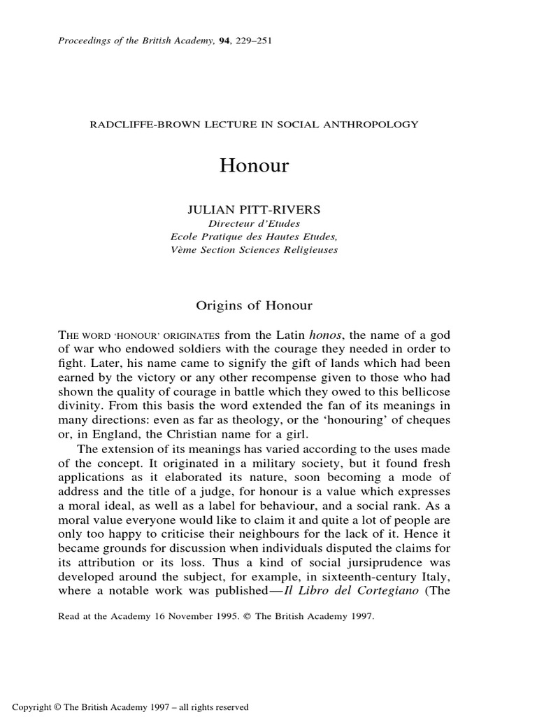 Honour - Julian Pitt-Rivers, Radcliffe-Brown Lecture in Social ...