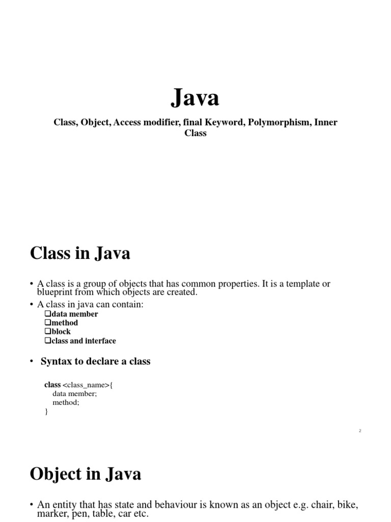 Class, Object, Access Modifier, Final Keyword, Polymorphism, Inner Class | PDF | Method ...