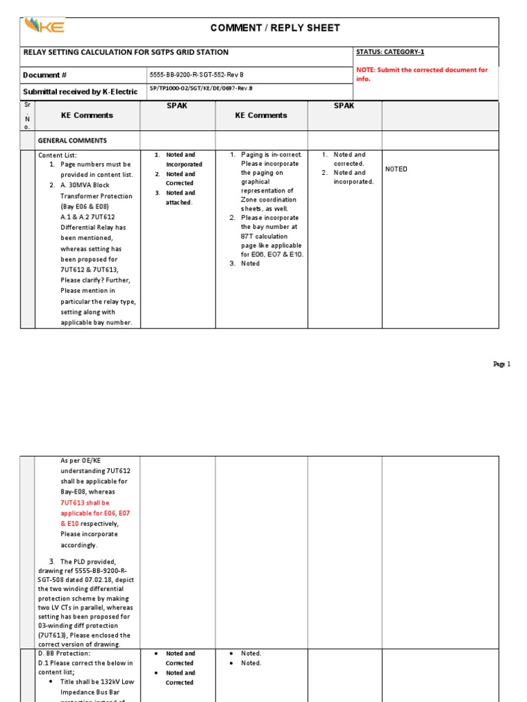 Comment / Reply Sheet: Relay Setting Calculation For Sgtps Grid Station ...
