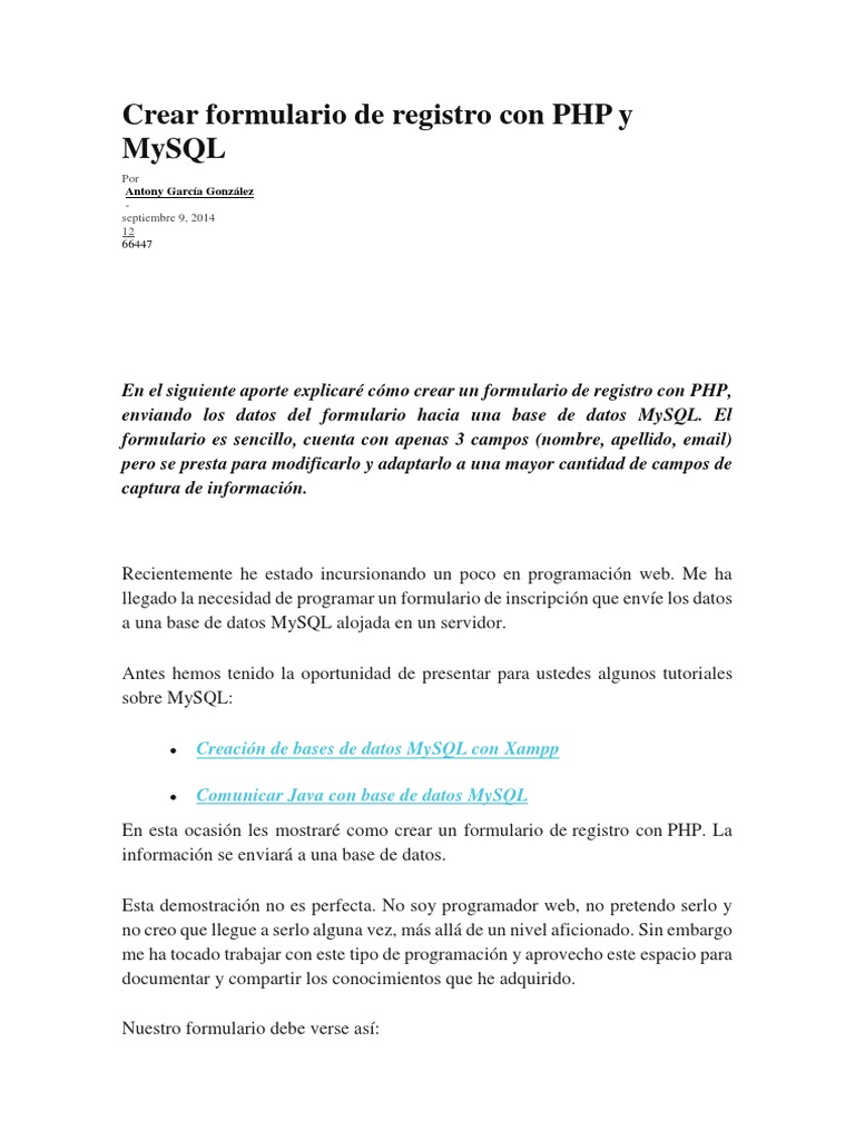 Crear Formulario de Registro Con PHP y MySQL | PDF | Mi sql | Php Crear Formulario de Registro Con PHP y MySQL | PDF | Mi sql | Php