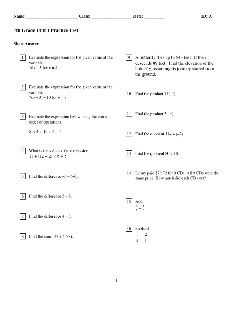 7th Grade Unit 1 Practice Test: Name: - Class: - Date: - Id: A | PDF ...