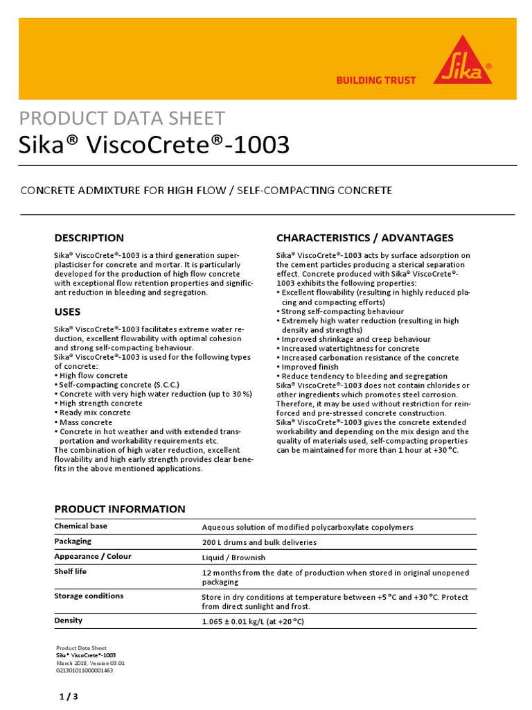 Sika® Viscocrete®-1003: Product Data Sheet | PDF | Concrete | Materials