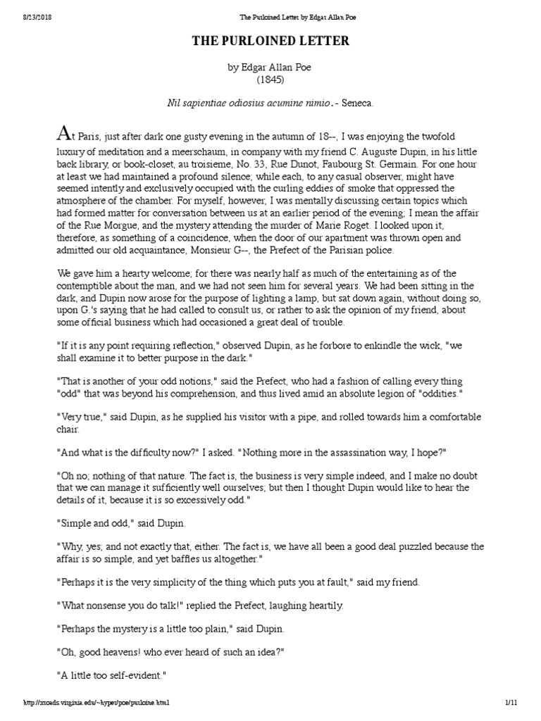 The Purloined Letter by Edgar Allan Poe | PDF | C. Auguste Dupin ...