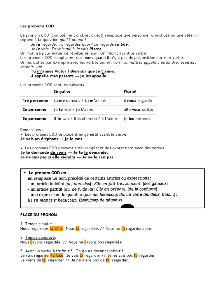 Les Pronoms COD PDF | PDF | Études des langues étrangères | Poésie