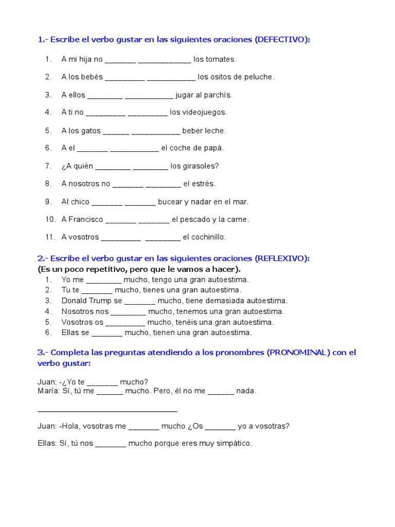 Ejercicios de Uso del Verbo "Gustar" en Español | PDF | Ocio