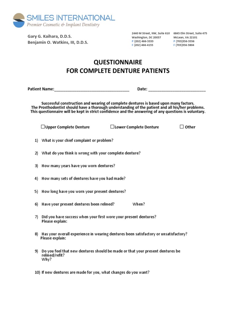 Questionnaire For Complete Denture Patients PDF | PDF | Dentures ...