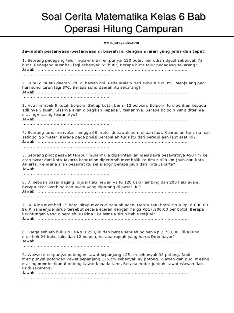 Soal Cerita Operasi Hitung Campuran Kelas 6 | PDF