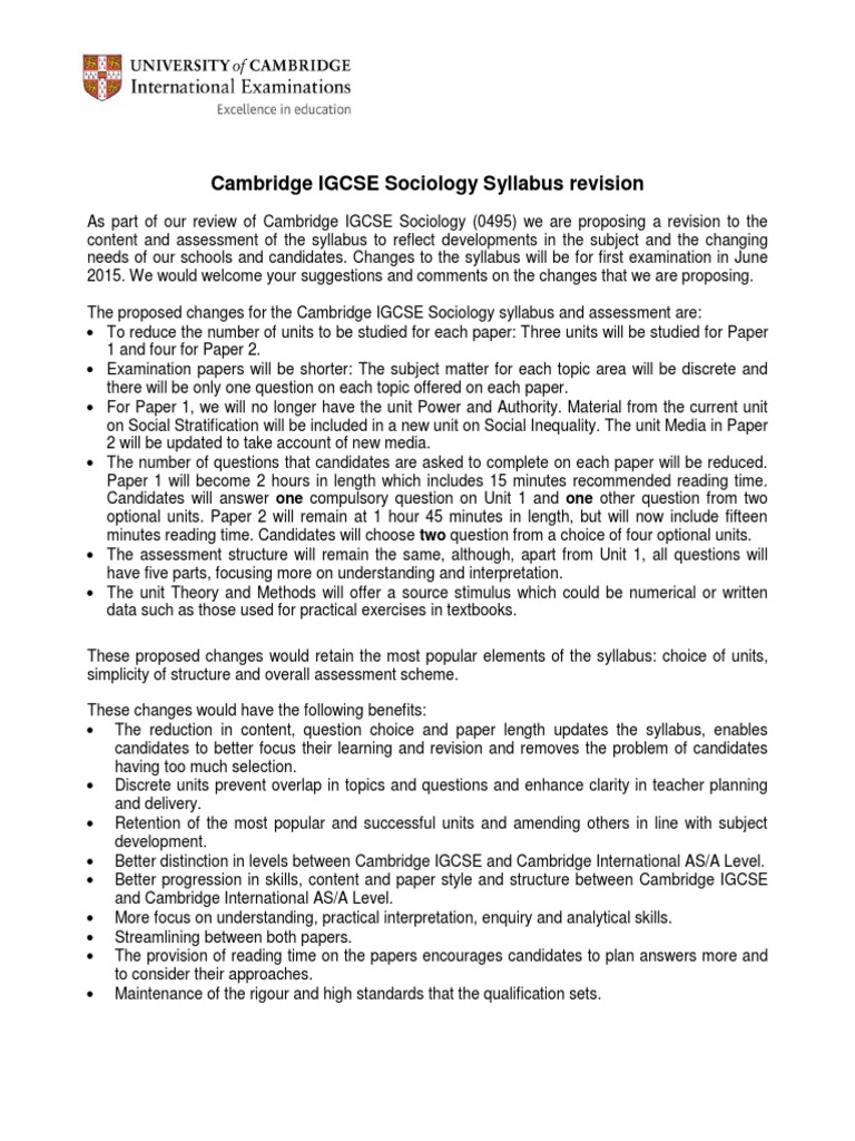 Cambridge IGCSE Sociology Syllabus Revision | PDF | Sociology ...