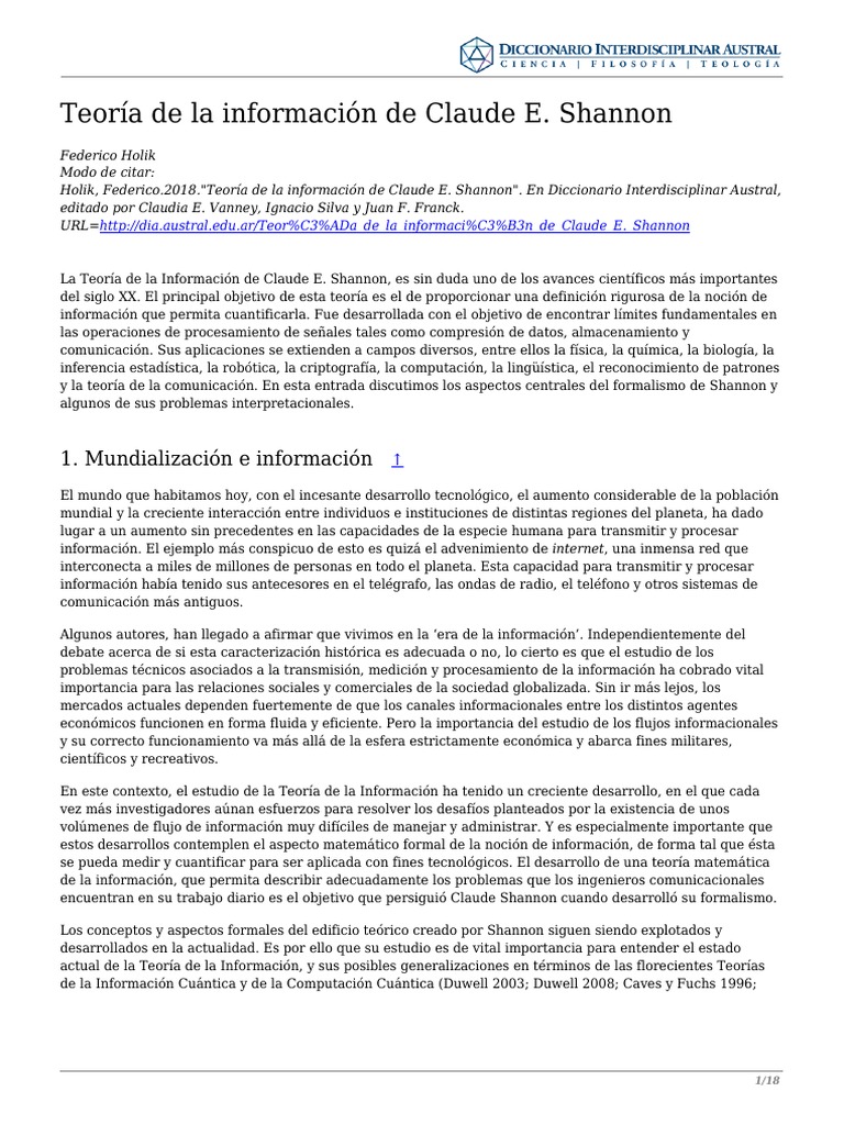 Teoría de La Información de Claude E. Shannon | PDF | Información ...