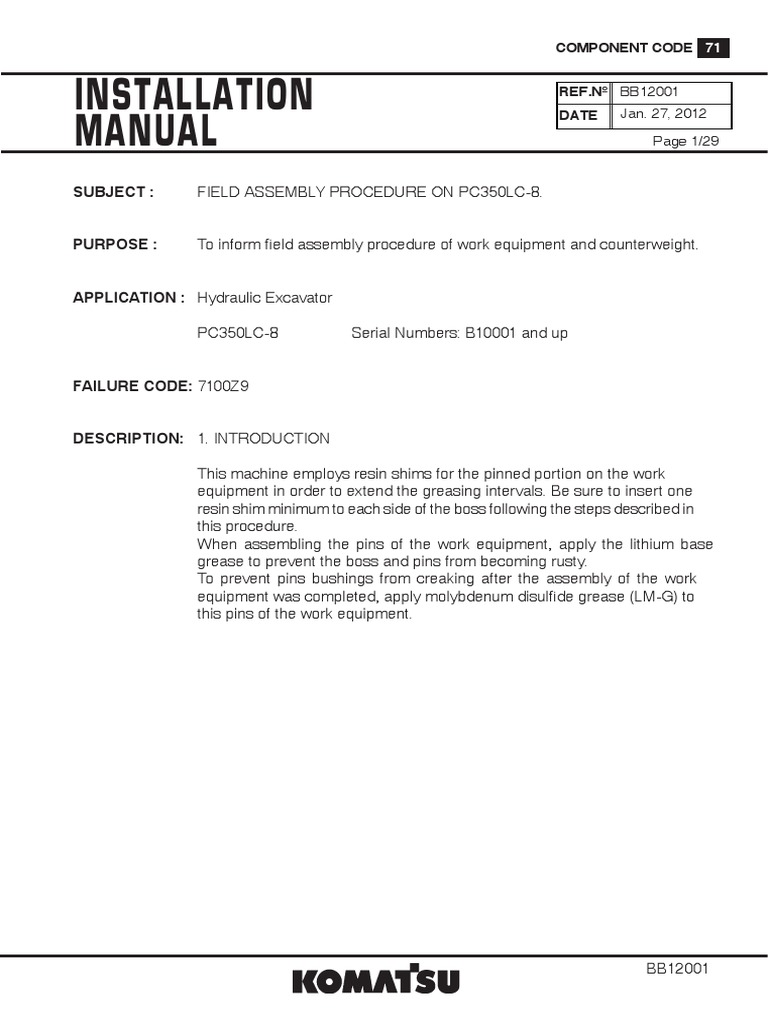 Installation Manual: Subject: Field Assembly Procedure On Pc350Lc-8 | PDF