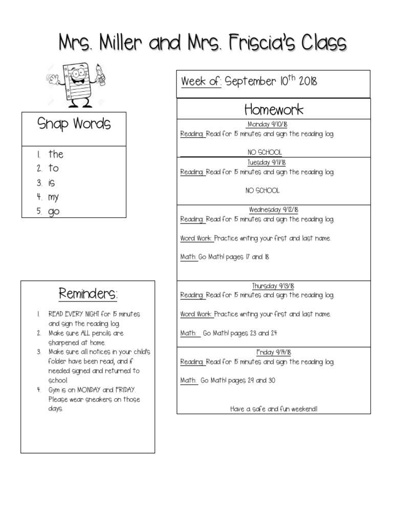Weekly Homework Overview: Sept 10-14 | PDF