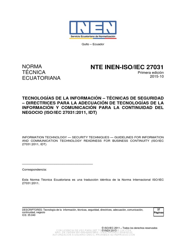 Nte Inen-Iso/Iec 27031: Norma Técnica Ecuatoriana | PDF | Organización ...
