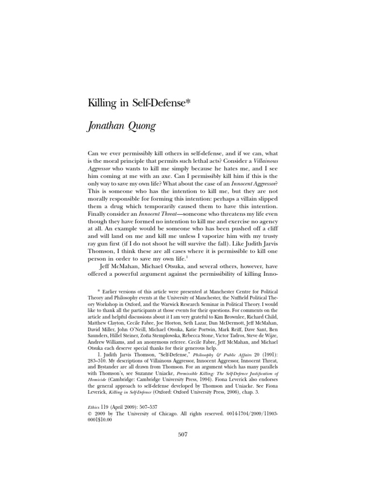 Killing in Self-Defense : Jonathan Quong | PDF | Self Defense | Argument