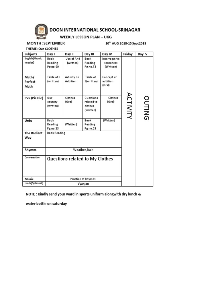 Doon International School-Srinagar: Weekly Lesson Plan - Ukg Month ...