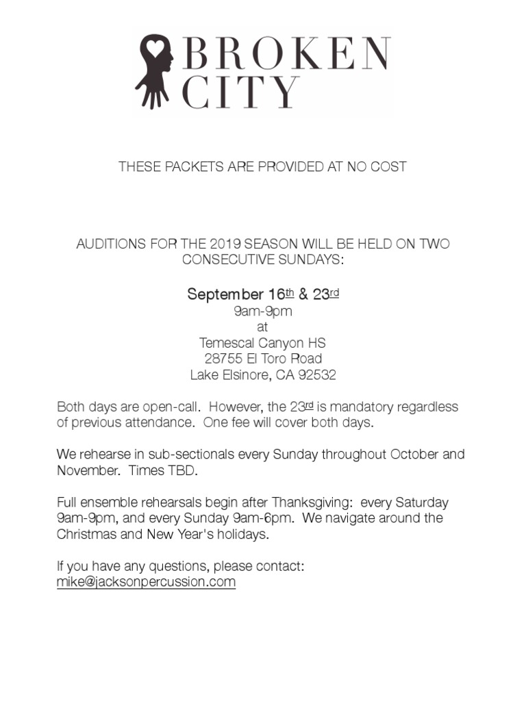 Broken City Percussion 2019 Front Ensemble Packet | PDF | Audition ...