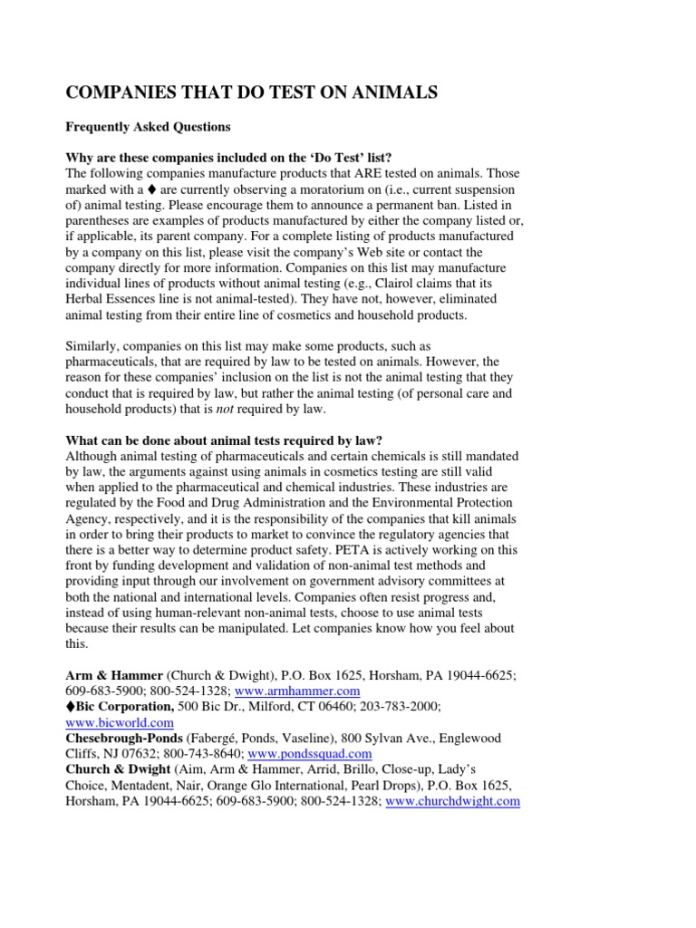 Companies That Test on Animals List | PDF