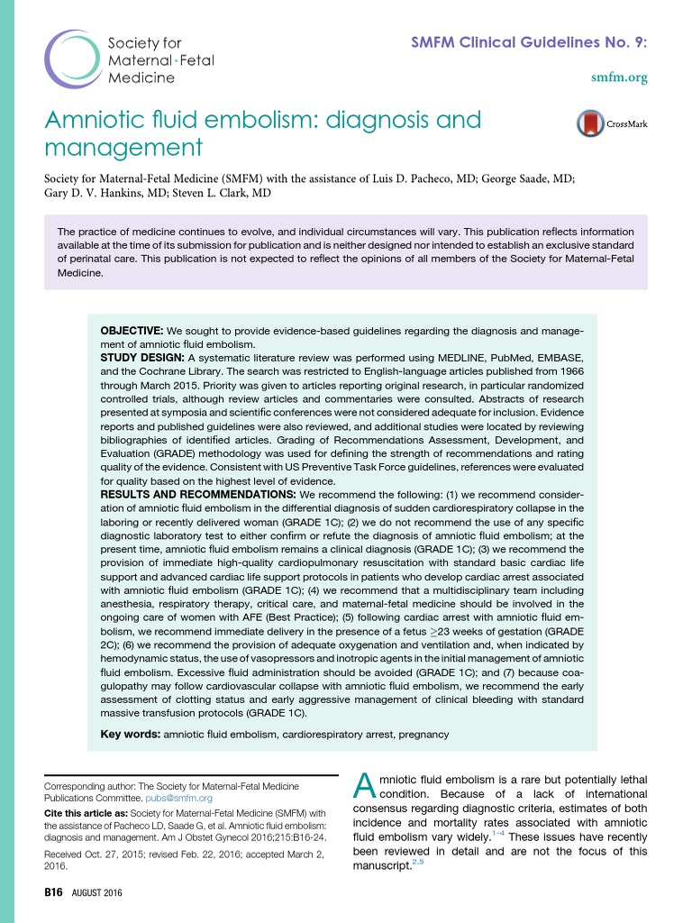 Amniotic Fluid Embolism - Diagnosis and Management 2016 | PDF | Cardiac ...