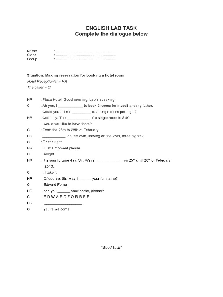 Hotel Booking Dialogue Exercise | PDF