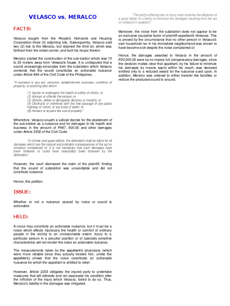 Velasco Vs Meralco | PDF | Nuisance | Damages