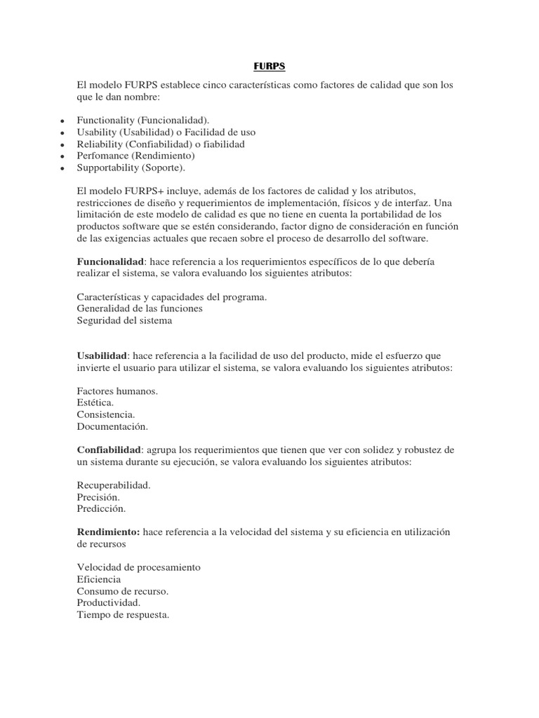 Modelo FURPS y sus características | PDF | Calidad (comercial) | Teoría ...
