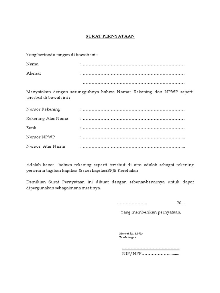 Surat Pernyataan Rekening | PDF