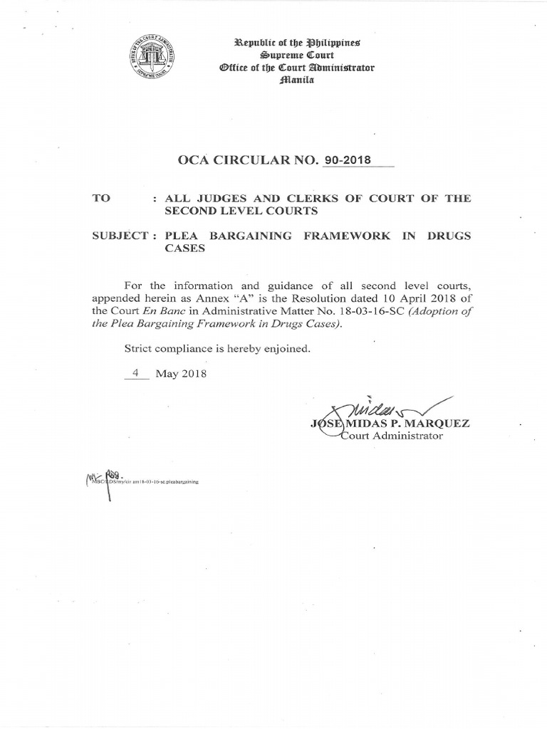 OCA Circular No. 90 2018 (Plea Bargaining Framework in Drug Cases) | PDF