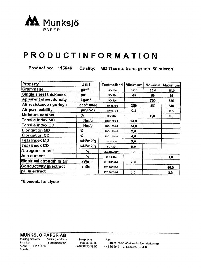 Munksjo MD Thermo Trans Green 50 Micron (115646) | PDF