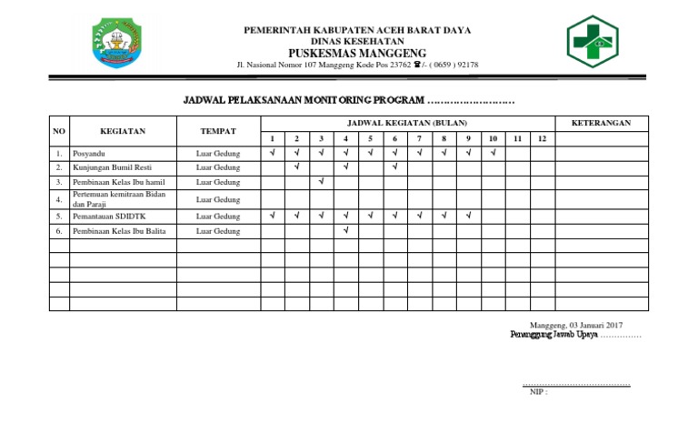 Tabel Jadwal Pelaksanaan Monitoring Program | PDF