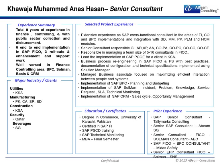 Khawaja Muhammad Anas Hasan - Senior Consultant: Selected Project Experience Experience Summary ...