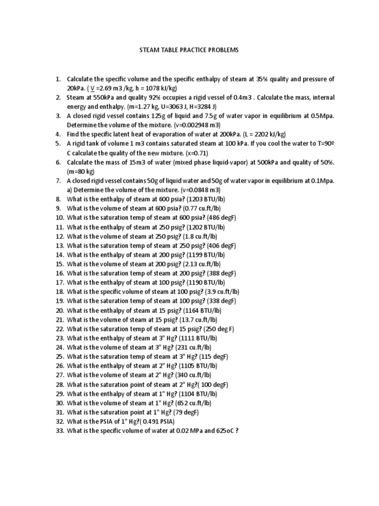 Steam Table Practice Problems Guide | PDF | Thermodynamic Properties ...