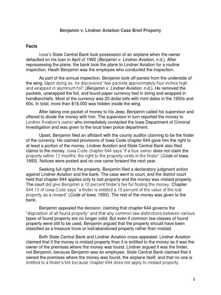 Benjamin v. Lindner Aviation Case Study | PDF | Property | Justice